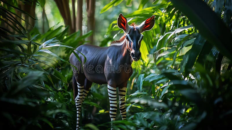 Elusive Okapi Standing in Dense Jungle, Its Striped Legs Blending into ...