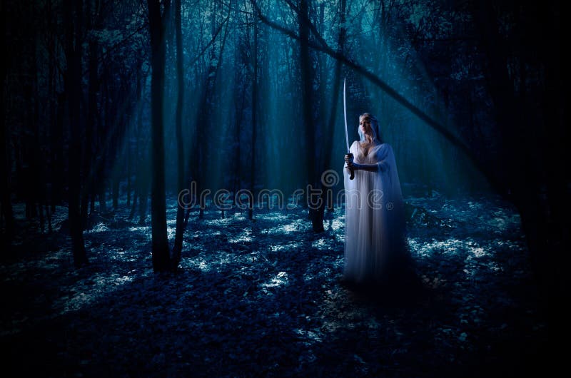 Elven Girl with Sword at Night Forest Stock Photo - Image of mystery ...