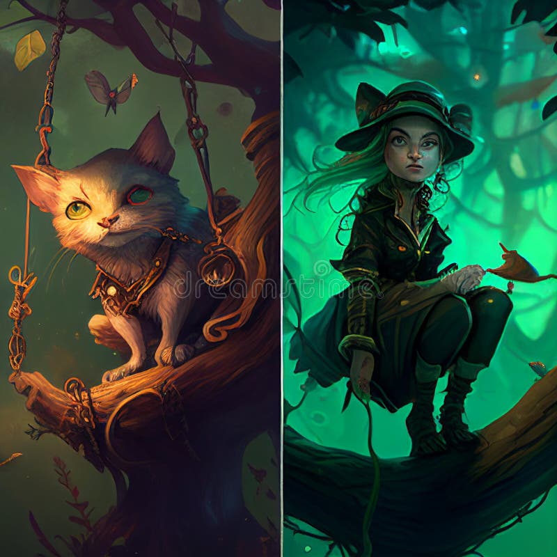 Elves and Cats in the Forest Stock Illustration - Illustration of ...