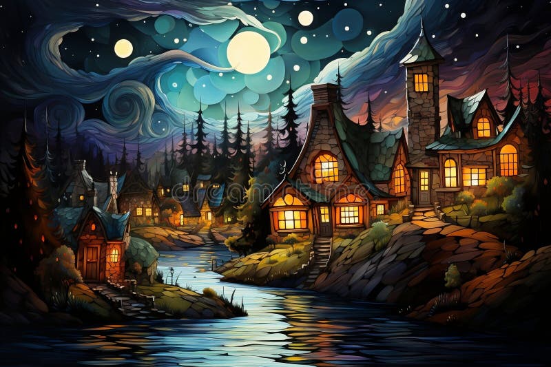 Elves Houses in the Enchanting Starry Night. AI Stock Illustration ...