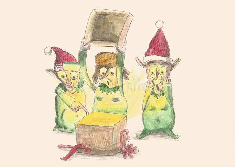 Elves Opening a Christmas Present and Being Dazzled by the Light Stock ...
