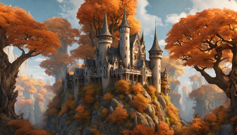 Elvish Castle in Autumn Forest with Massive Trees and Extremely ...