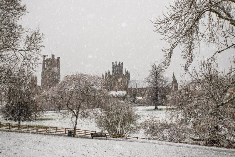 Ely Cathedral Scenery during the Heavy Snowfall Stock Photo - Image of ...