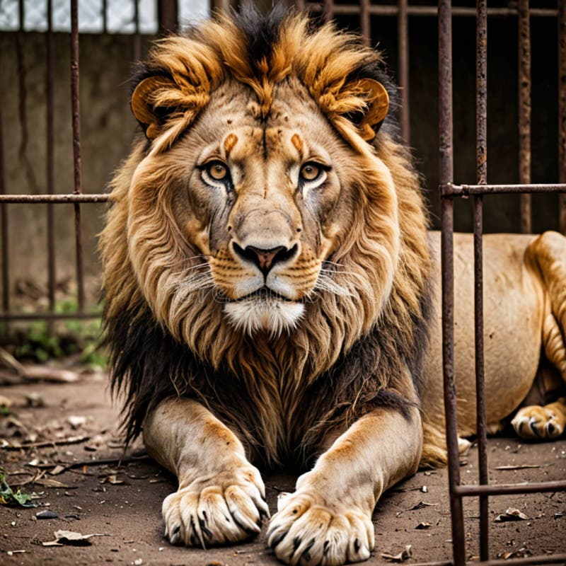 Emaciated Lion in Desolate Cage Stock Illustration - Illustration of ...