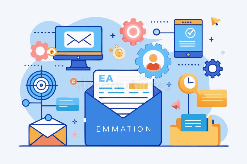 Email Automation Concept Showcasing AI-driven Email Campaigns with Various Digital Elements and ...