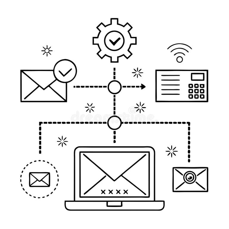 Email Communication Process Diagram Featuring Laptop Gear Mail and Data ...