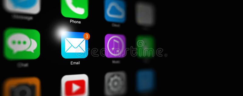 Email Concept: Focus on Email App Icon among Many Icons on Screen with ...