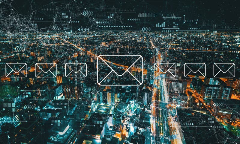 Email Concept with Night Cityscape Stock Image - Image of city, cyber ...