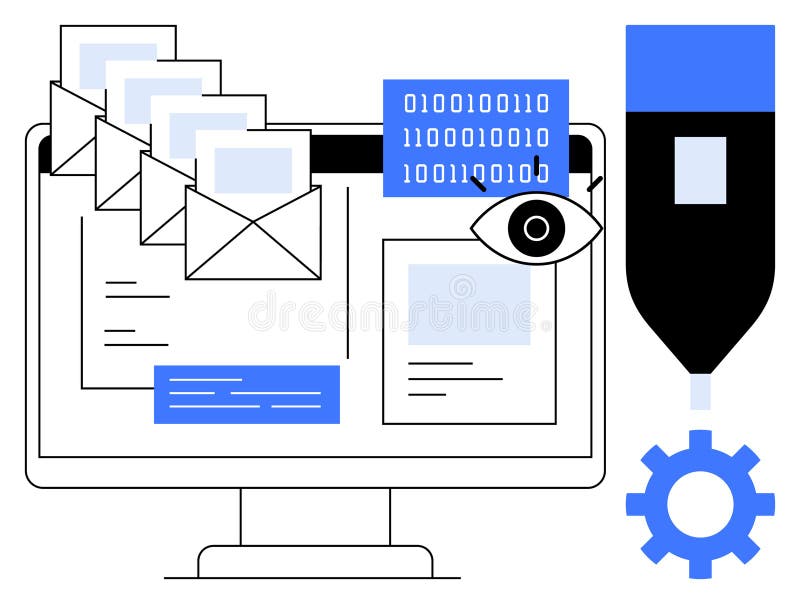Email and Data Visualization with Computer Screen, Binary Code, and ...