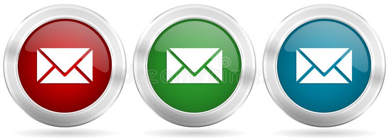 Email, Envelope Vector Icon Set. Red, Blue and Green Silver Metallic ...