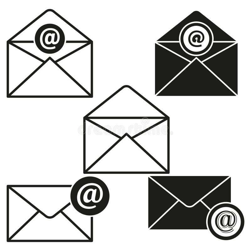 Email Icon Set. Black and White Envelopes. at Symbol Included. Vector ...