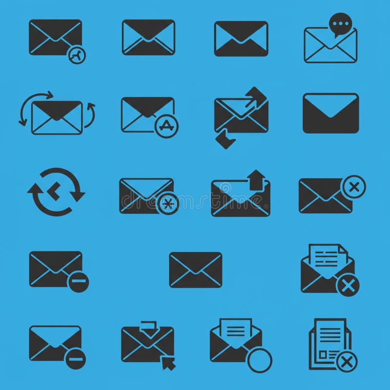 Email Icon Set on a Blue Background, Featuring Various Envelope Designs ...