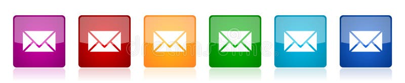 Email Icon Set, Colorful Square Glossy Vector Illustrations in 6 ...