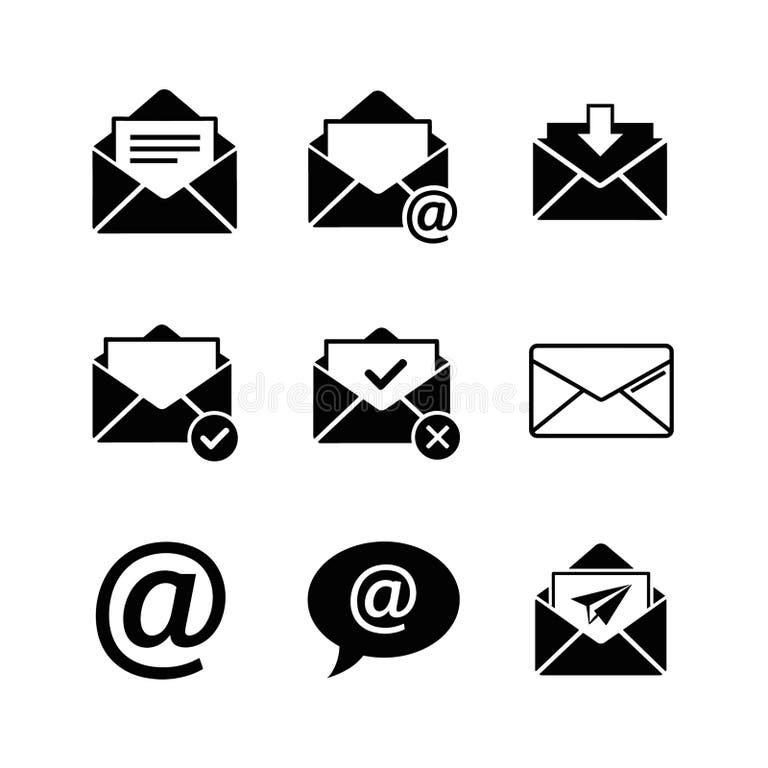 Email Icon Set: Communication, Mail, and Message Symbols in Black Stock ...