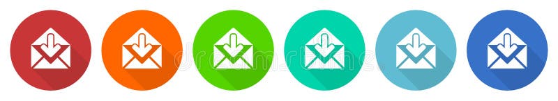 Email Icon Set, Flat Design Vector Illustration in 6 Colors Options for ...