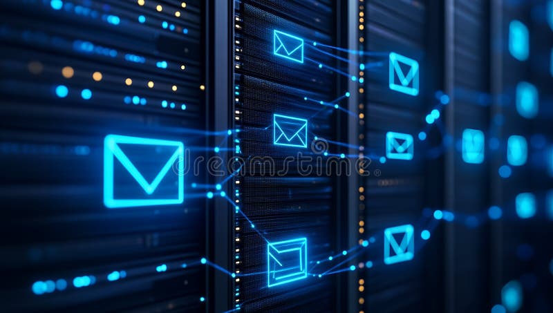 Email Icons Glow in a Server Rack Stock Illustration - Illustration of ...