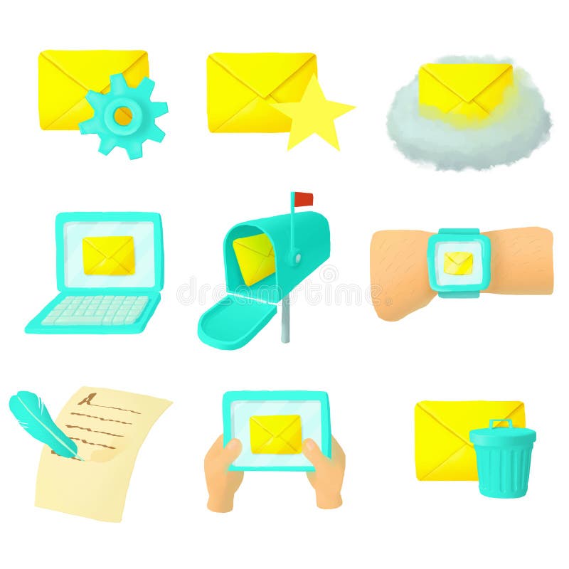 Email Icons Set, Cartoon Style Stock Vector - Illustration of ...