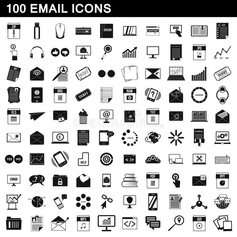 100 Email Icons Set, Simple Style Stock Vector - Illustration of mail ...