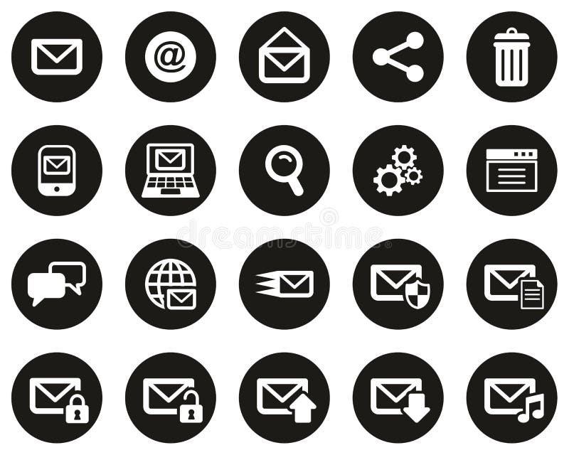 Email Icons White on Black Flat Design Circle Set Big Stock Vector ...