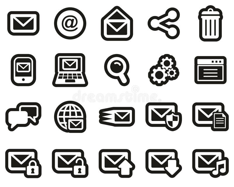 Email Icons White on Black Sticker Set Big Stock Vector - Illustration ...