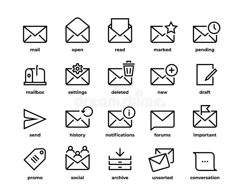 Email Line Icons. Application UI Envelope Symbols, Create New Mail ...
