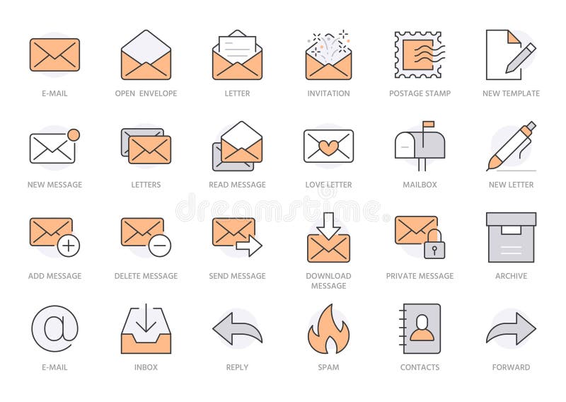 Email Line Icons Set. Letter, Spam Mail, Open Envelope, Postage Stamp ...