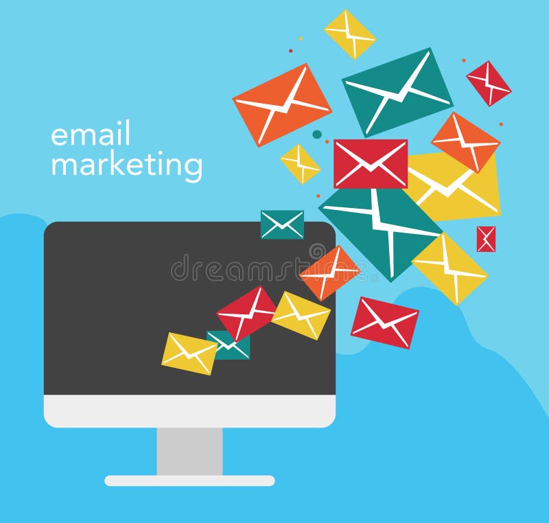 Email Marketing Concept with a Computer and Flying Letters from it ...
