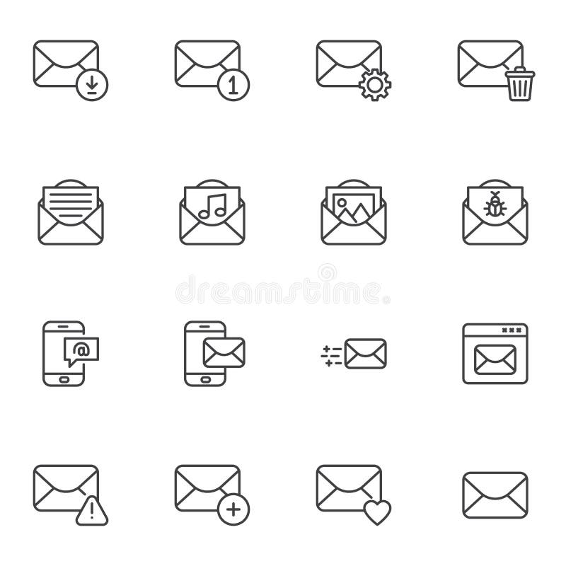 Email Notifications Line Icons Set Stock Vector - Illustration of ...