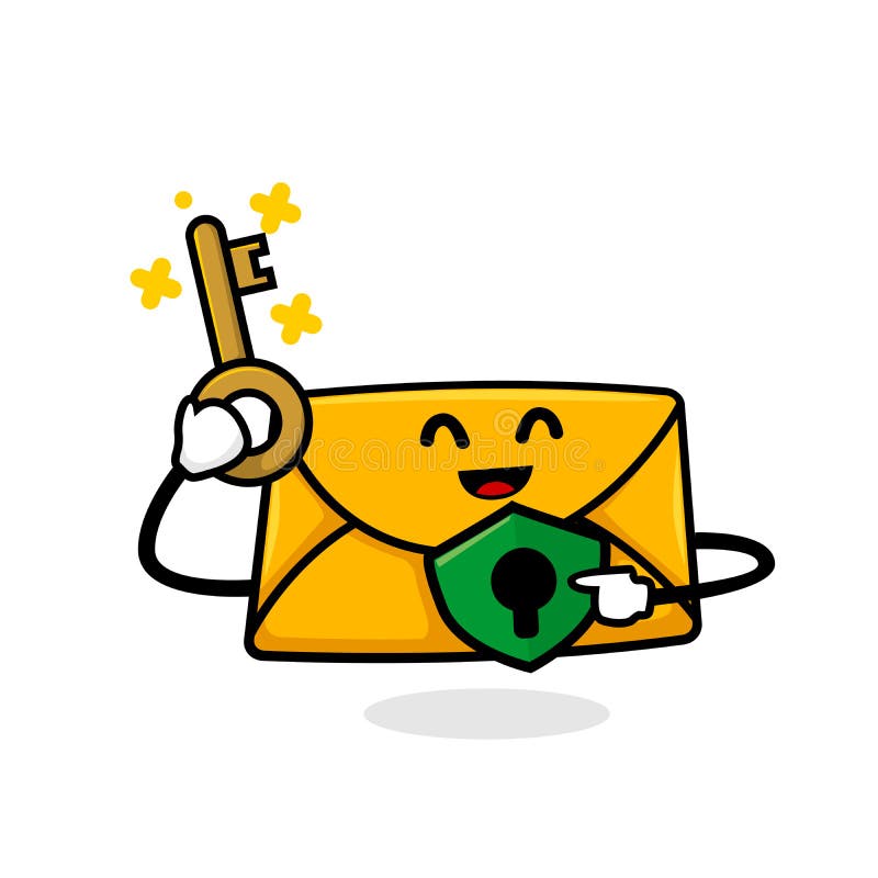 Encripted Email Concept. Isolated Cute Mail Cartoon Holding Key To Open ...