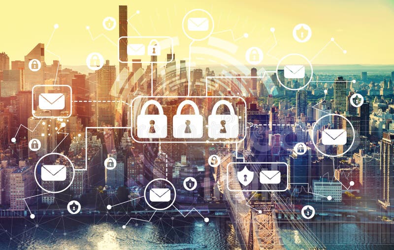 Email Security Theme with Aerial View of Manhattan, NY Stock ...