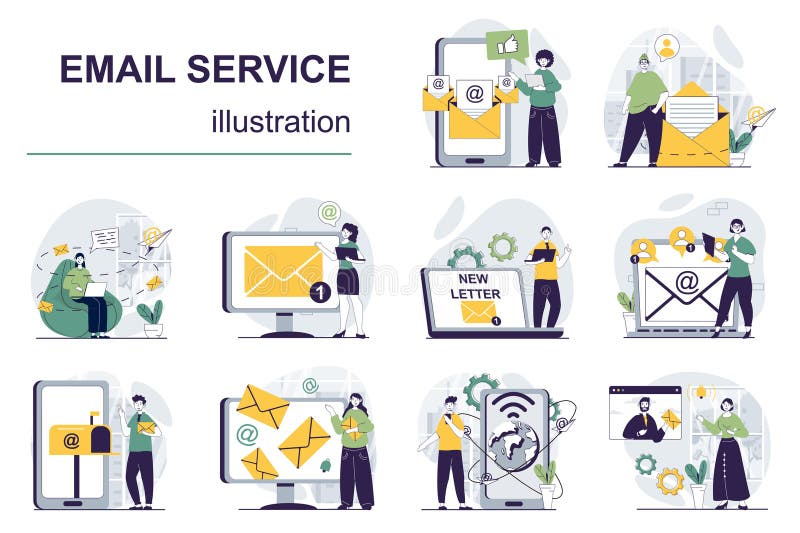Email Service Concept with Character Situations Mega Set. Vector ...