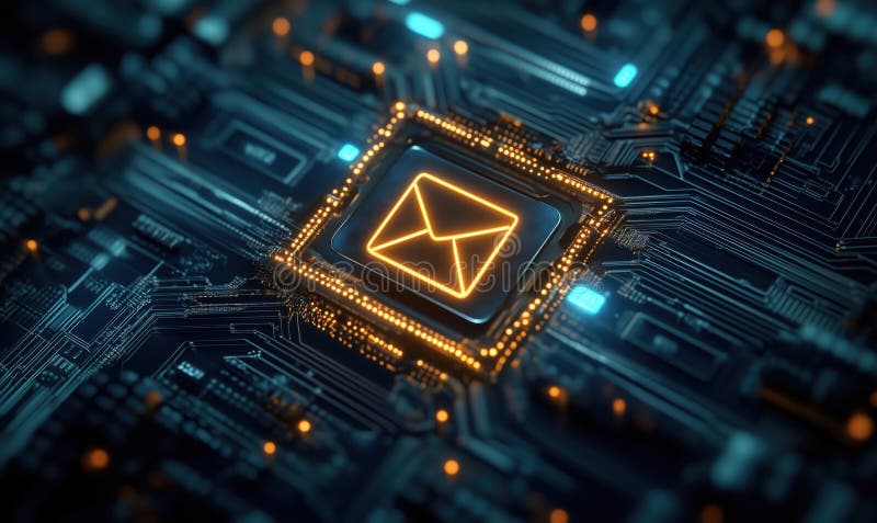 Email Symbol on Circuit Board, Glowing Orange, Intricate Electronic ...