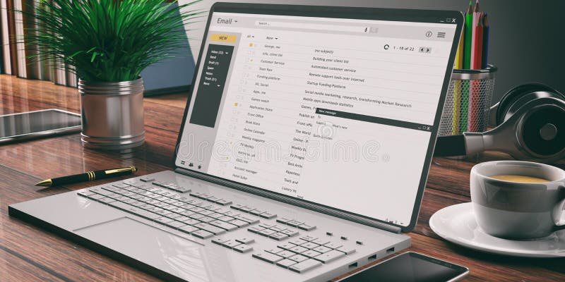 Emails on a Laptop Screen Isolated on White Background. 3d Illustration ... Emails on a Laptop Screen Isolated on White Background. 3d Illustration ...