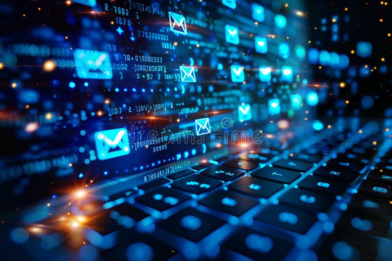 Emails Fly Across Digital Screen Above Keyboard Glowing with Blue Light ... Emails Fly Across Digital Screen Above Keyboard Glowing with Blue Light ...