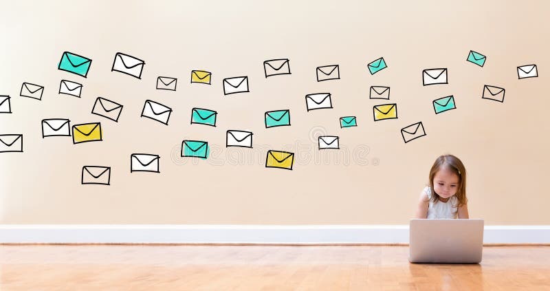 Emails with Little Girl Using a Laptop Computer Stock Image - Image of ...