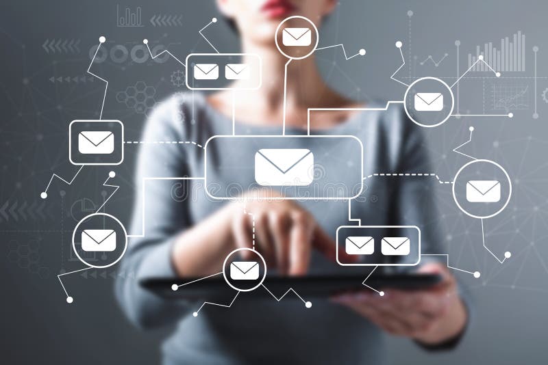 Emails with Woman Using a Tablet Stock Photo - Image of pressing ...