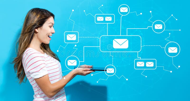 Emails with Young Woman Using Tablet Stock Image - Image of digital ...