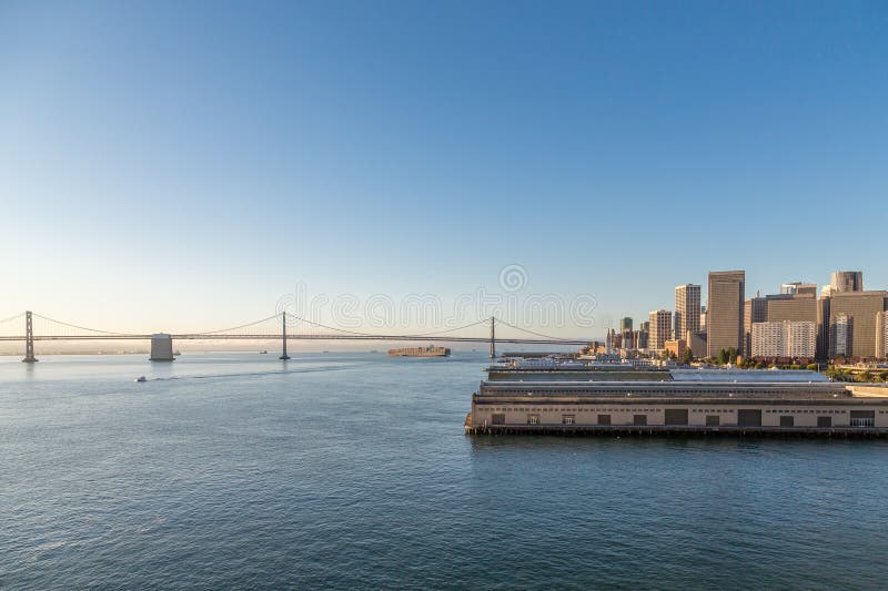 Embarcadero and Bay Bridge stock photo. Image of tower - 74678560