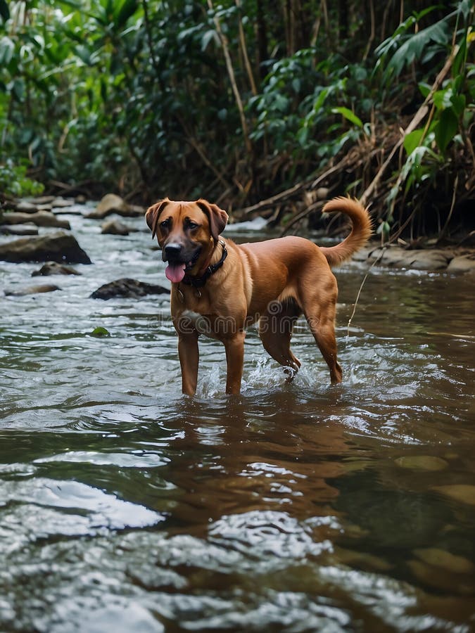 A Navigator Dog Bravely Traverses the Wild River S Currents. Generative ...