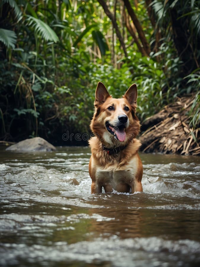 A Navigator Dog Bravely Traverses the Wild River S Currents. Generative ...