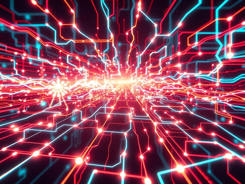 Neon Technology Grid: Futuristic Digital Network Stock Illustration ...