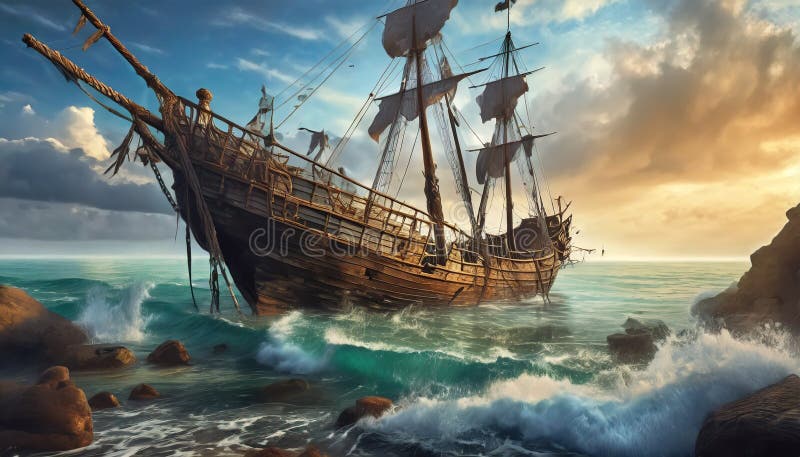 Forgotten Majesty: Decaying Pirate Ship Adrift Stock Illustration ...