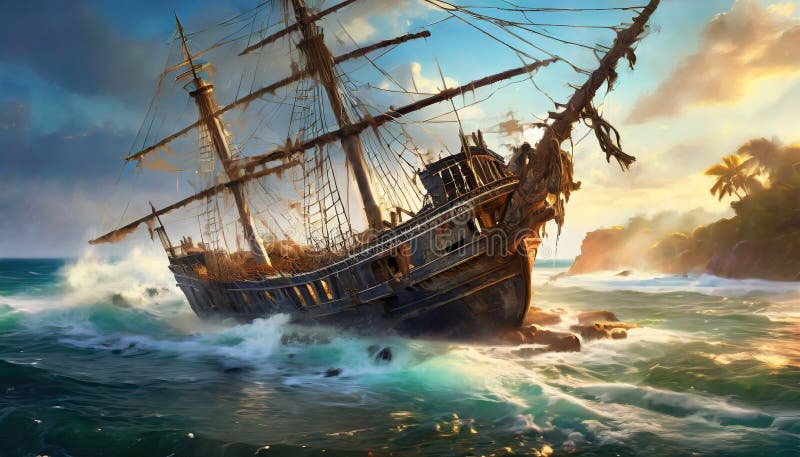 Forgotten Majesty: Decaying Pirate Ship Adrift Stock Illustration ...