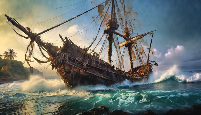 Forgotten Majesty: Decaying Pirate Ship Adrift Stock Illustration ...
