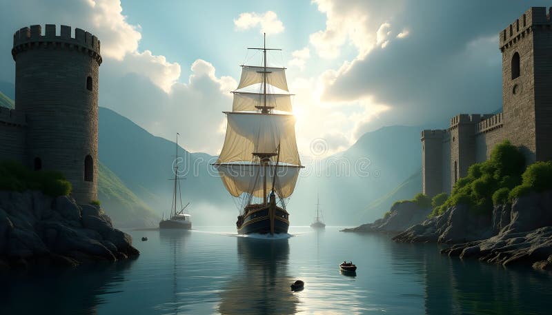 Epic Maritime Adventure: Sailing Ship between Ancient Fortresses Stock ...