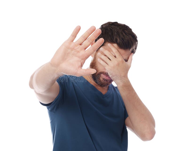 Embarrassed Man Covering Face with Hand on White Background Stock Image ...