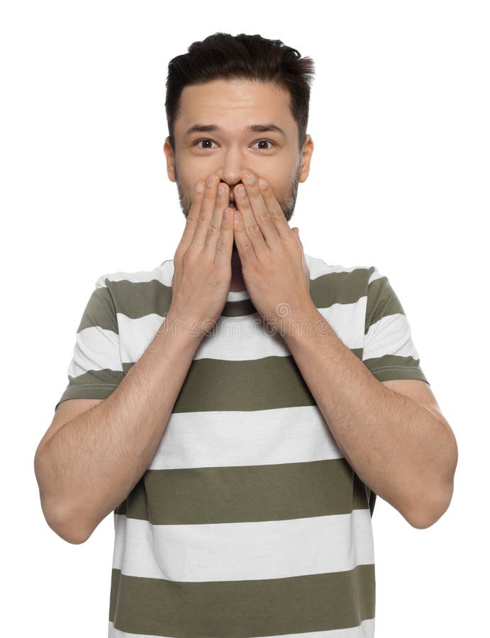Embarrassed Man Covering Face With Hand On White Background Stock Image