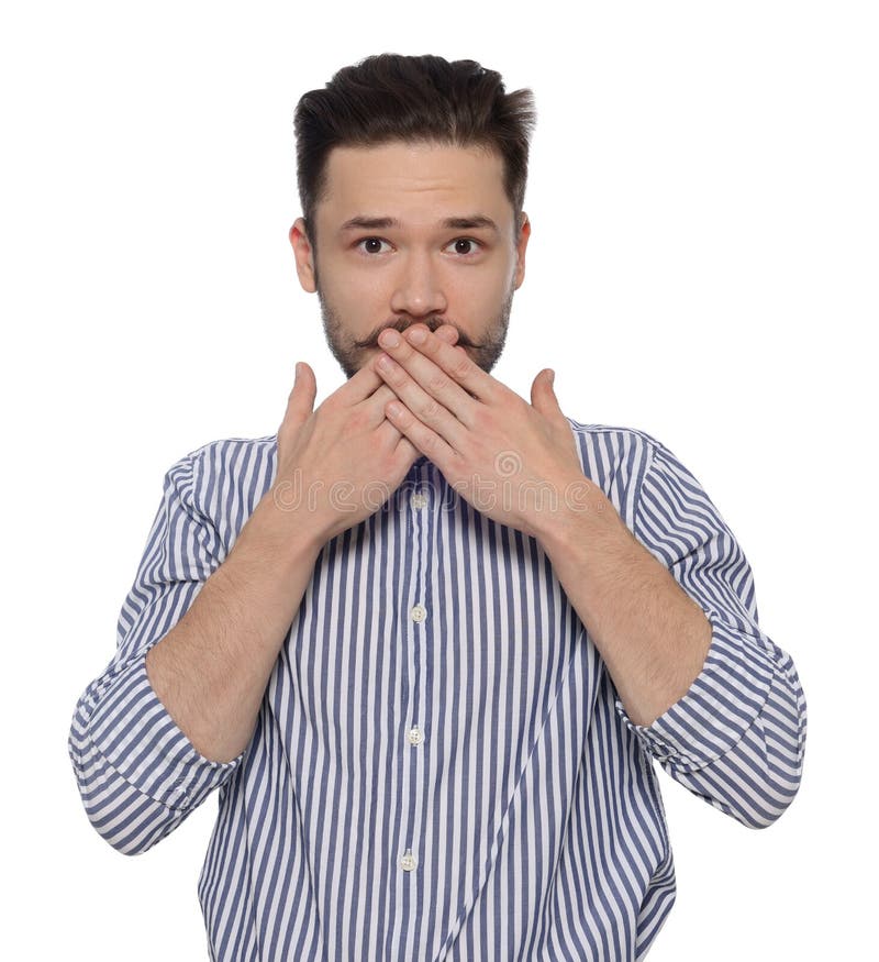 Embarrassed Man Covering Chest With Hands On White Background Stock