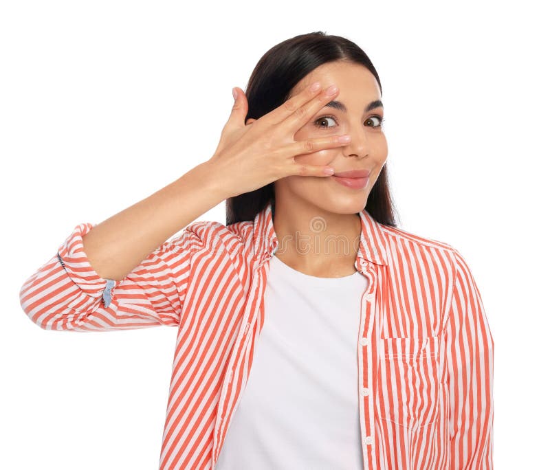 Embarrassed Woman Covering Face with Hand on White Background Stock ...