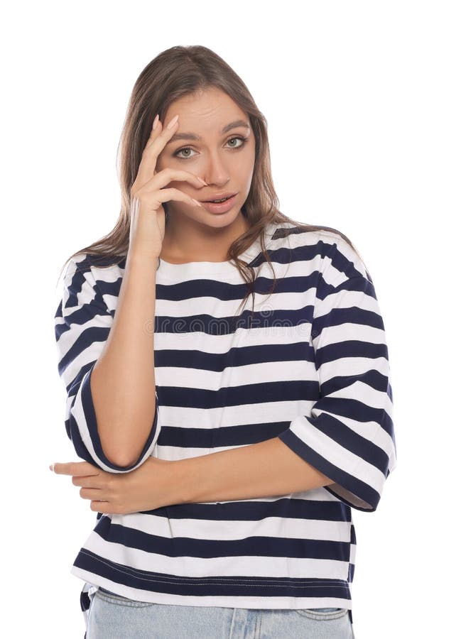 Embarrassed Woman Covering Face with Hand on White Background Stock ...